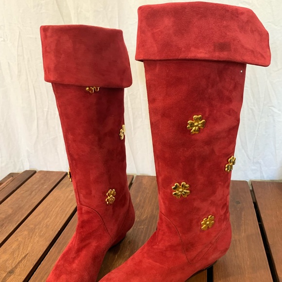 Escada | Shoes | Escada Studded Flowers Red Suede Leather Boots | Poshmark